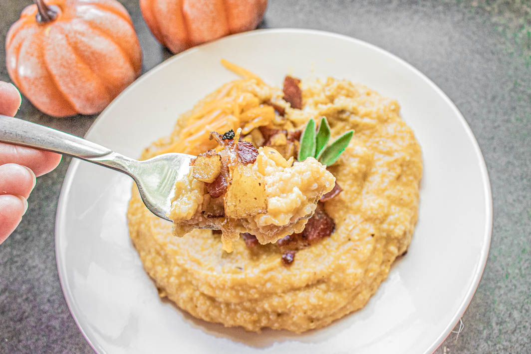 Pumpkin Cheddar Grits with Bacon & Apples - Sweet Beginnings Blog